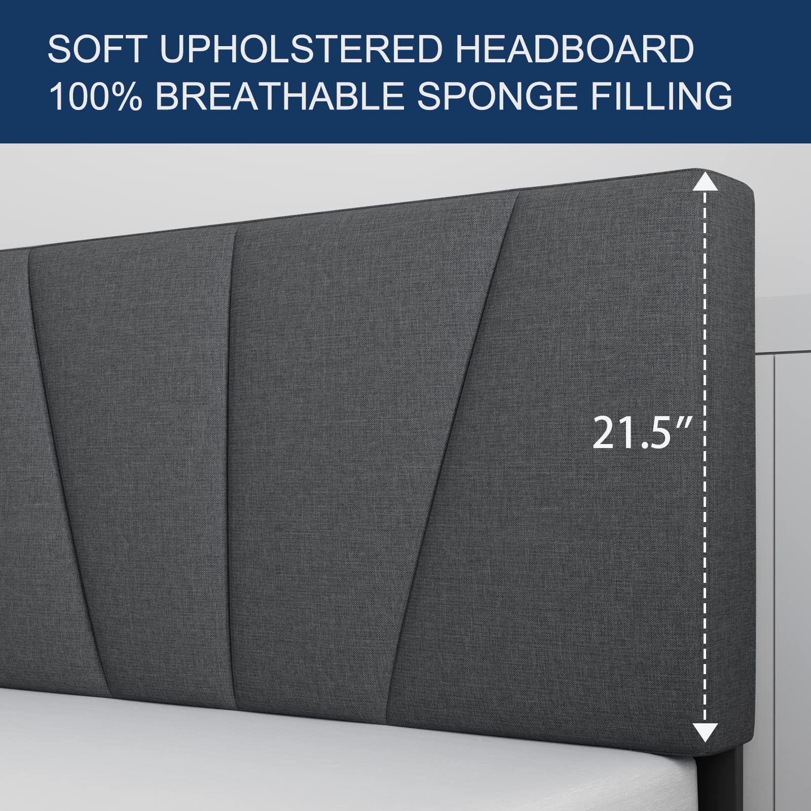 Molblly King Bed Frame Upholstered Platform with Headboard and Strong Wooden Slats, Strong Weight Capacity, Non-Slip and Noise-Free,No Box Spring Needed, Easy Assembly,Dark Grey