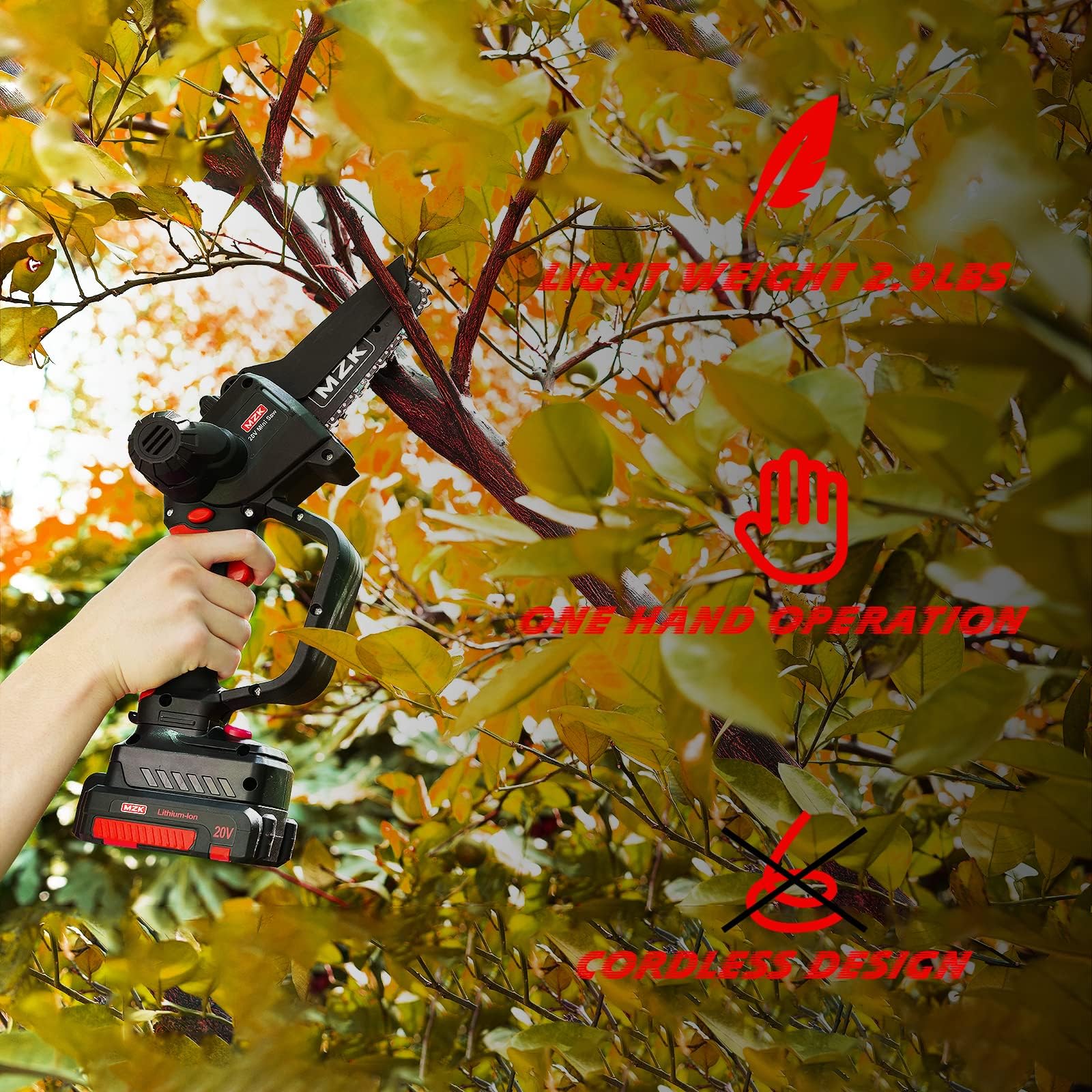 MZK 6 Inch Cordless Mini Chainsaw, 20V 2Ah Battery Chainsaw,Handheld Small Chainsaw with Splash Guard for Tree Branches, Courtyard and Garden(Battery and Charger Included)