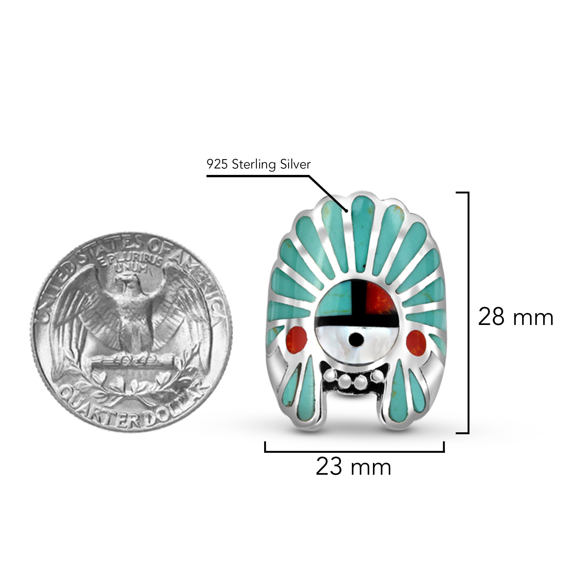 Native American Indian Symbol Simulated Turquoise-Reconstructed Red Coral .925 Sterling Silver Ring (8)
