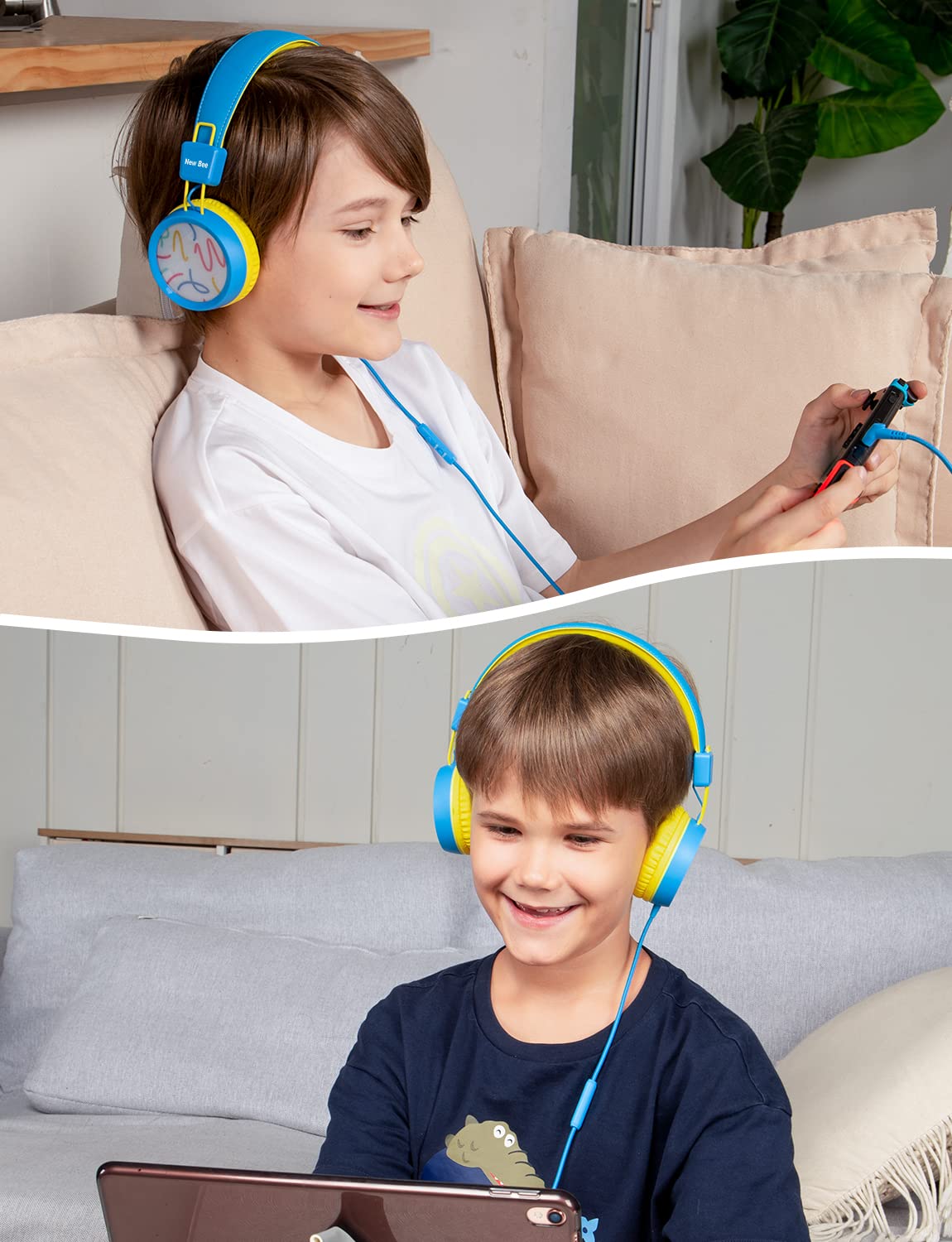 New bee Kids Headphones for School with Microphone KH20 HD Stereo Safe Volume Limited 85dB/94dB Foldable Lightweight On-Ear Headphone for PC/Mac/Android/Kindle/Tablet/Pad(Blue)