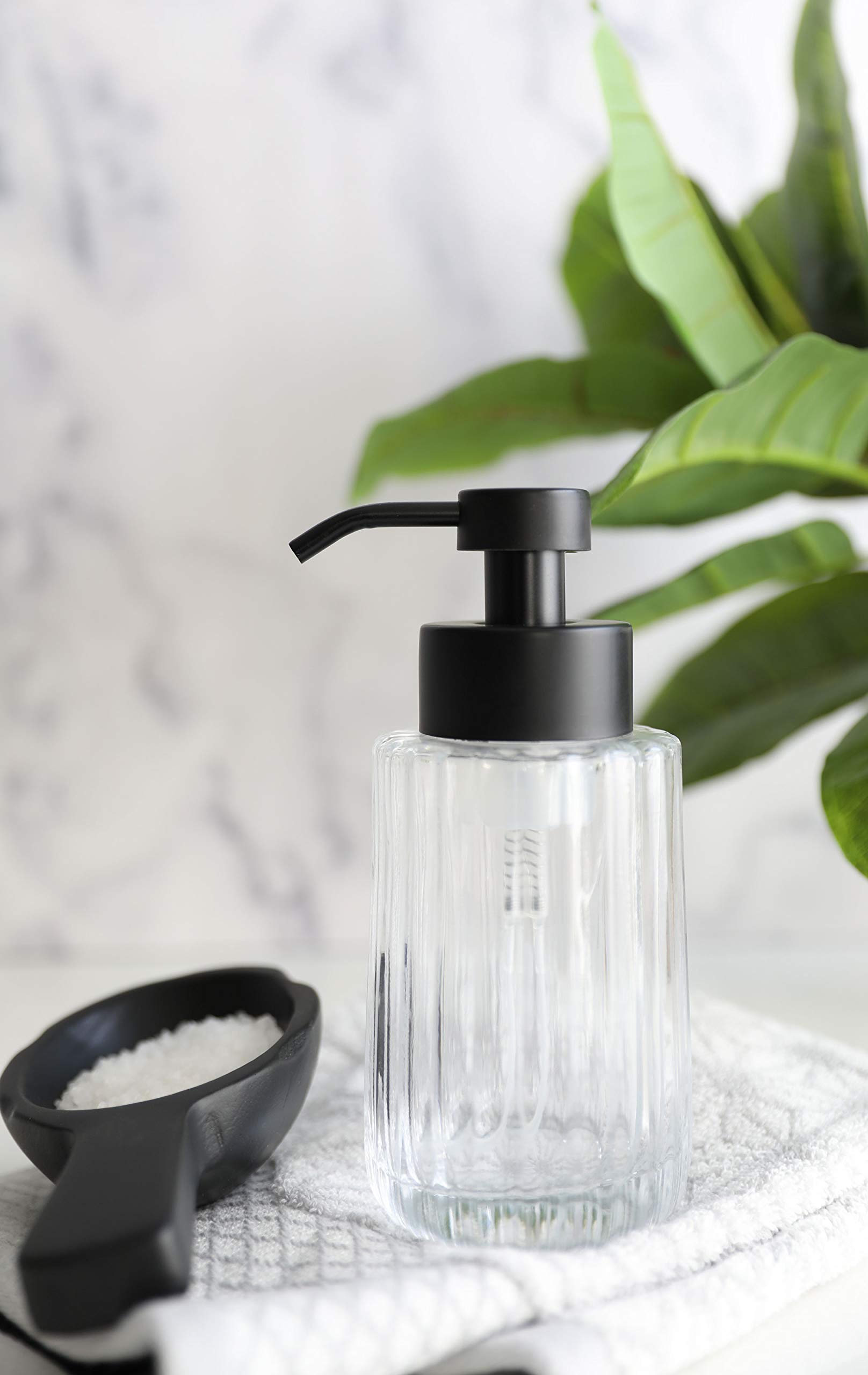Rail19 Flora Fluted Foaming Soap Dispenser | Vintage-Inspired Modern Glass Refillable Pump Bottle for Bathroom Vanity Countertop and Kitchen, 10oz (Stainless)