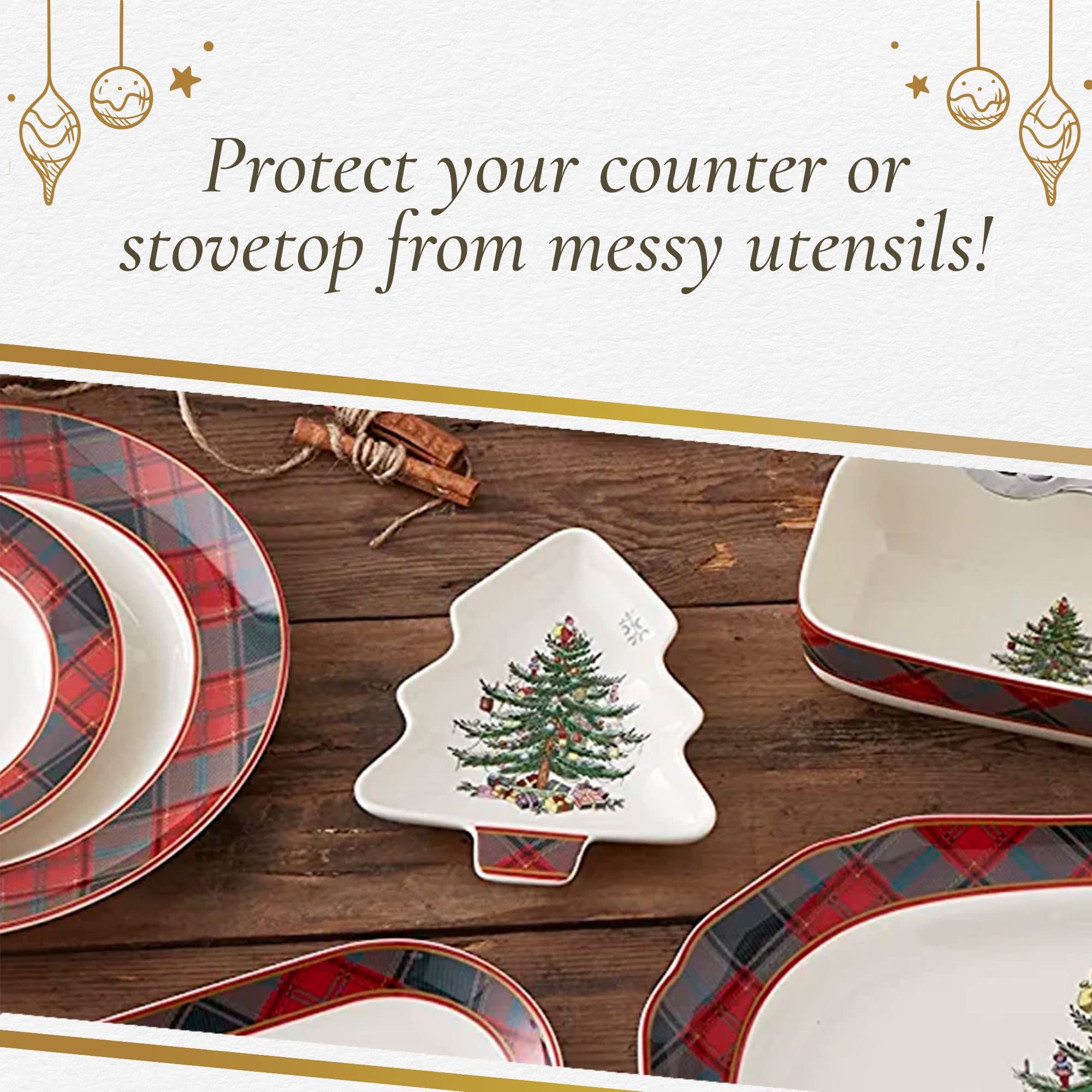 Spode Christmas Tree Tartan Spoon Rest | 7 β Inch Tree Shaped Cooking Utensil Rest | Spatula Ladle Holder for Kitchen Countertop | Made of Fine Porcelain Dishwasher Safe