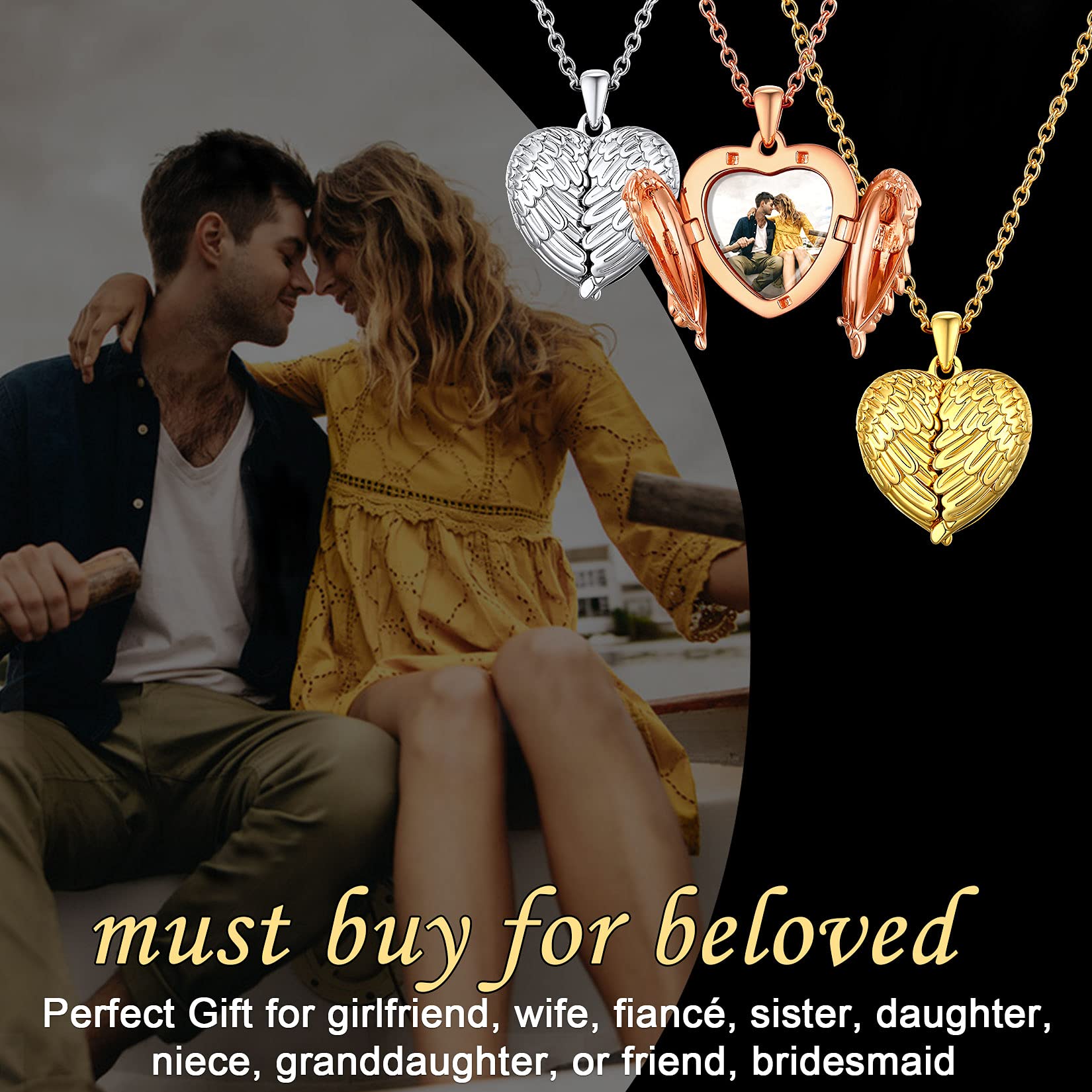 SILVERCUTE Heart Locket Necklace that Holds Pictures Customized Platinum Plated Guardian Angel Wings Photo Lockets Pendant for Women Men