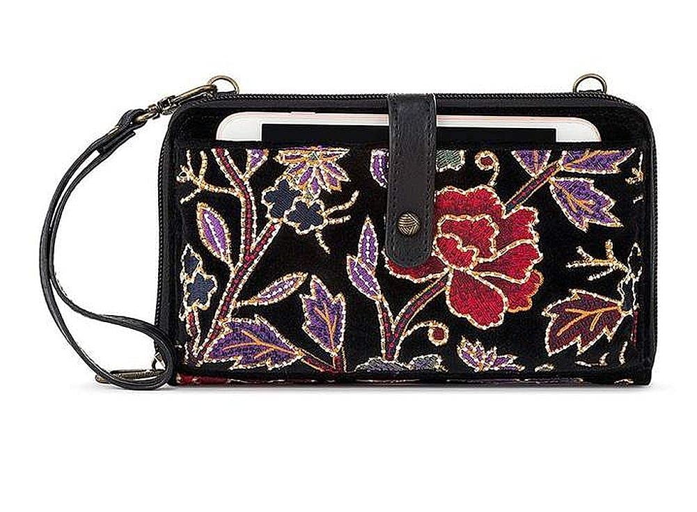 Sakroots Embroidered Large Smartphone Crossbody (Embroidered Black Flower Power)
