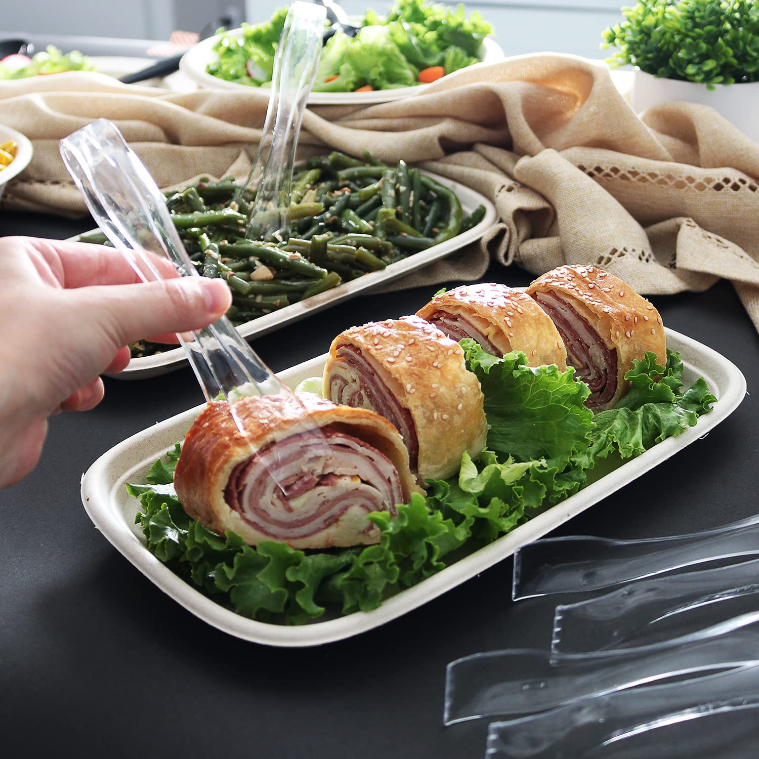 Set of 54 - Heavy Duty Disposable Plastic Serving Utensils, Four 10” Spoons and Forks, Four 6-1/2” Tongs,Clear