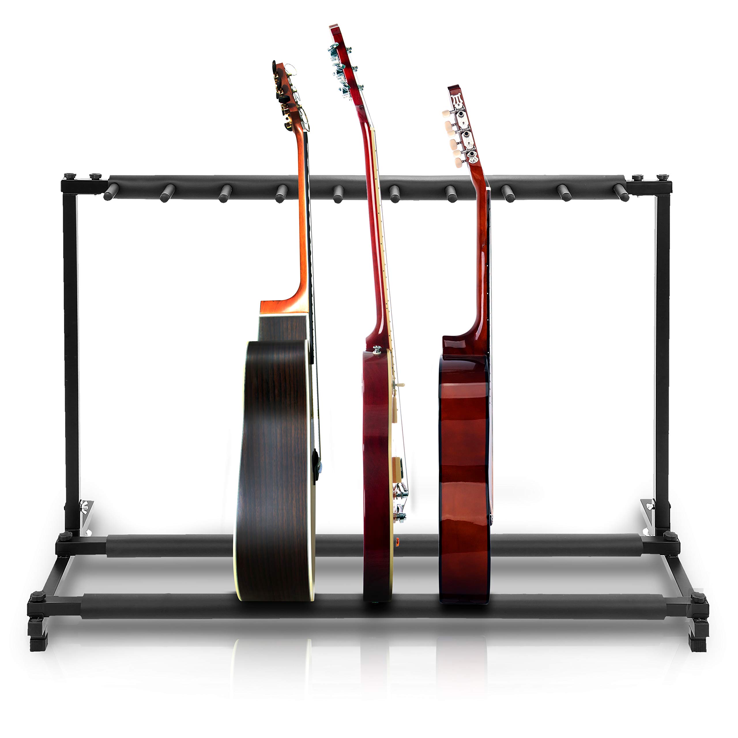 Pyle 9-Space Foldable Universal Multi Guitar Stand - Guitar Stand Portable Collapsible Instrument Floor Guitar Rack Holder w/ Foam Padding - For Acoustic, Electric, Bass Guitar & Guitar Bag / Case