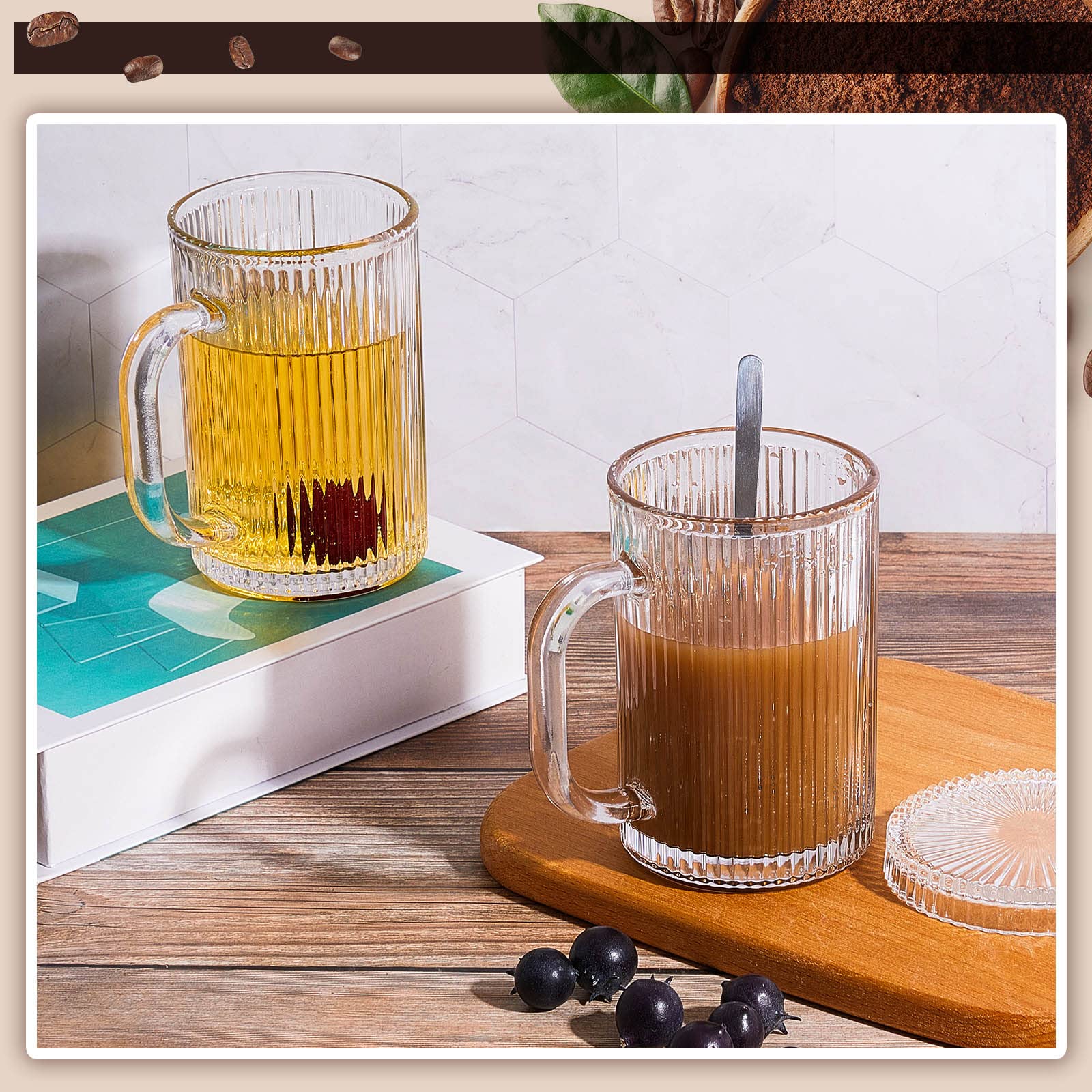 Suclain 4 Pieces Glass Coffee Mugs Clear Vertical Stripes Tea Mug with Lid and Spoon Ribbed Glasses for Espresso Milk Chocolate Latte Juice Anniversary and Birthday, 11.8 oz