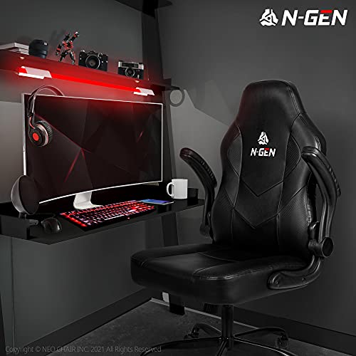 N-GEN Gaming Chair Ergonomic Office PC Desk with Lumbar Support Flip Up Arms Levelled Seat Style Headrest PU Leather Executive High Back Computer for Adults Women Men (4. Black)
