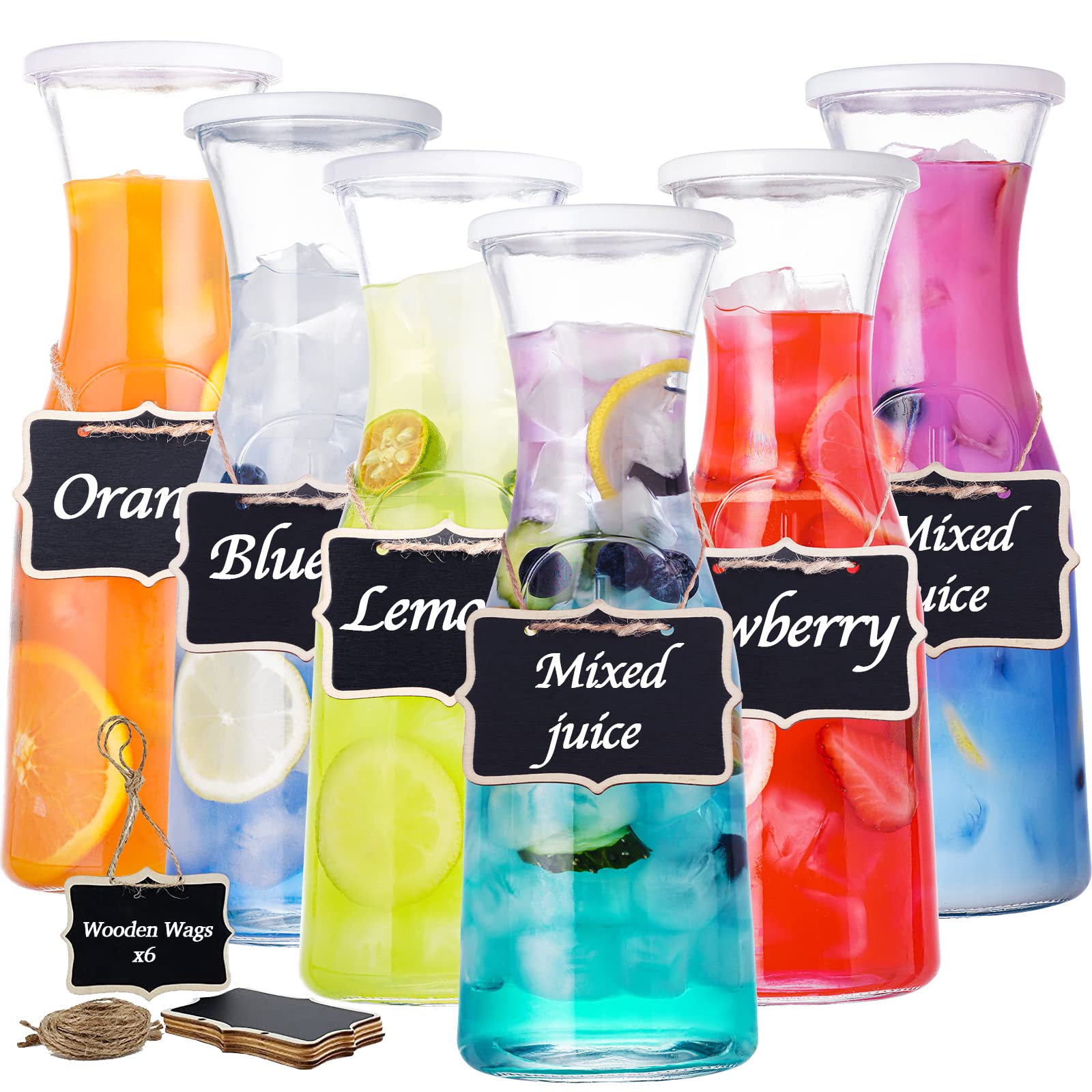 Set of 6 Glass Carafe Pitchers with Lids, Claplante 1 Liter Beverage Pitcher Carafe Set for Mimosa Bar, Juice Container for Brunch, Cold Water, Juice, Milk, Iced Tea -With 4 Wooden Chalkboard Tags