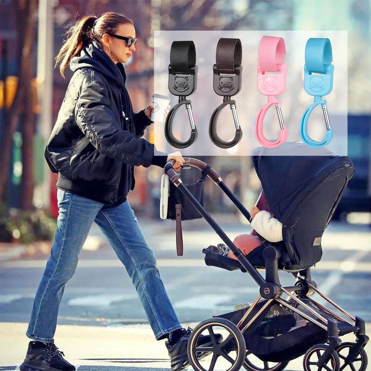 Ymeibe 3Pcs 360 Degree Rotation Baby Stroller Hooks, Multifunctional Baby Stroller Buckle, Rotating Hooks for Infants Babys Carriage Mommy Bag Diaper Bag Purse (Black)