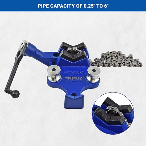 Yost Vises BC-6 Bench Chain Vise | 1/4 Inch to 6 Inch Pipe Clamp Capacity | Work Bench Vise | Heavy Duty Cast Iron Body and Durable Leg Chain | Blue