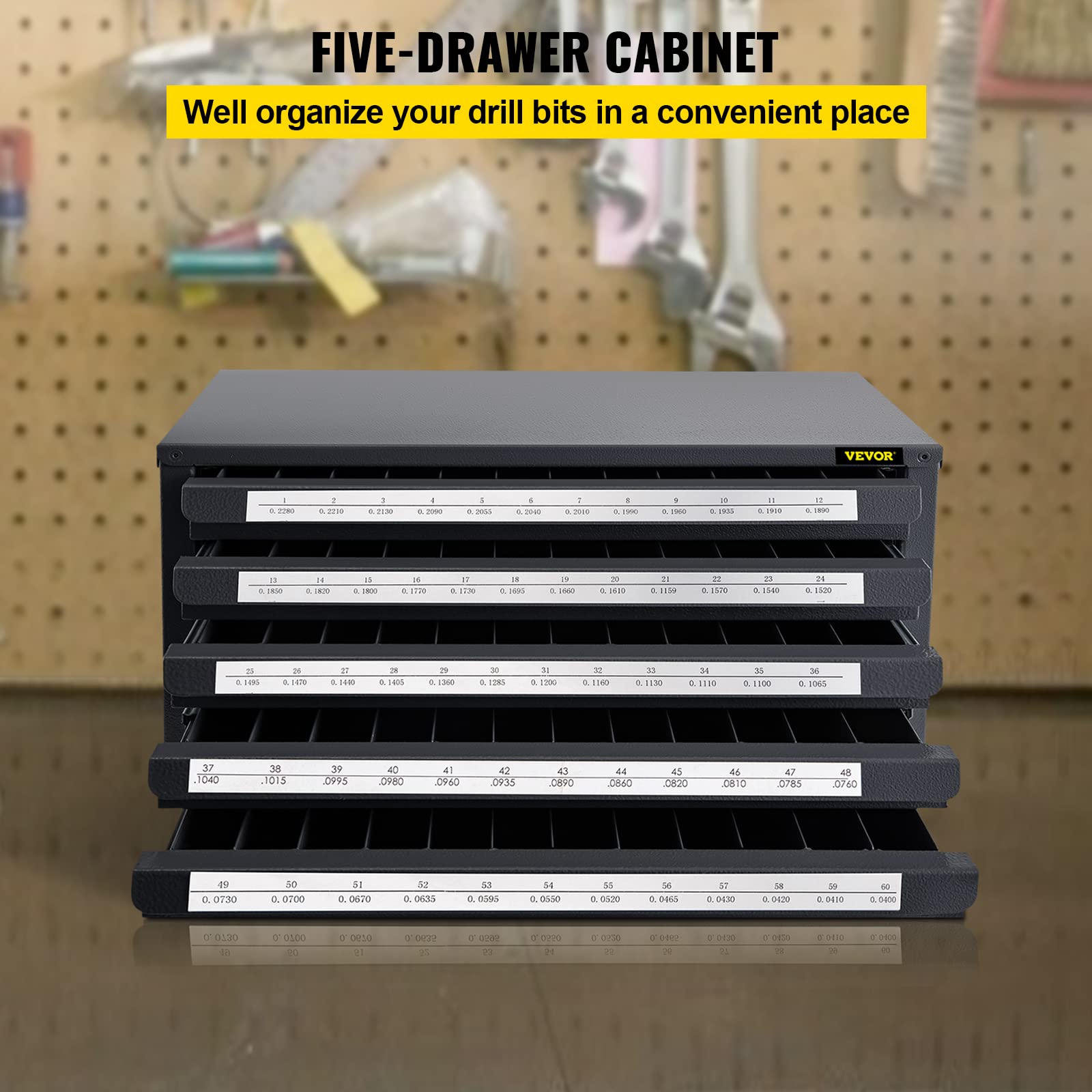 VEVOR Drill Bit Dispenser Cabinet, Five-Drawer Drill Bit Dispenser, 60-Compartment Drill Bit Organizer Cabinet, Drill Dispenser Organizer Cabinet Holder for Jobber Length Wire Gauge Sizes #1 to #60