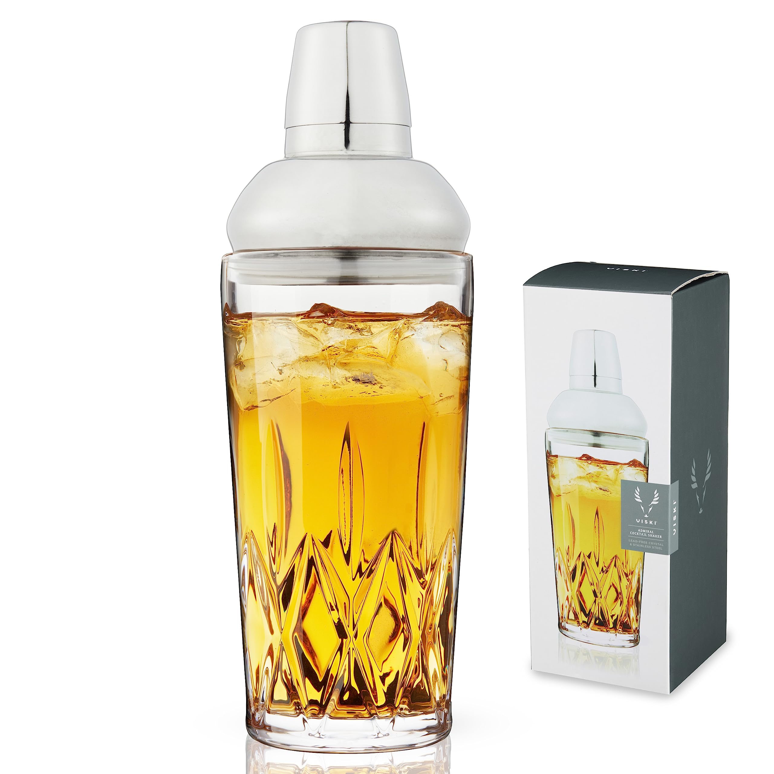 Viski Admiral Cocktail Shaker - Cut Crystal Tumbler with Stainless Steel Cap and Strainer - Dishwasher Safe 25oz Set of 1