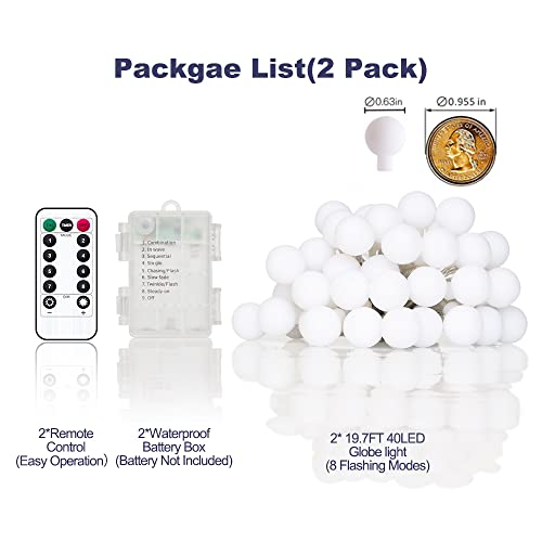 YoTelim Globe Fairy String Lights Battery Operated Warm White ,Water Proof 2 Pack 19.7FT 40 LED 8 Modes with Remote Control, for Home, Party, Christmas, Wedding, Garden Decoration