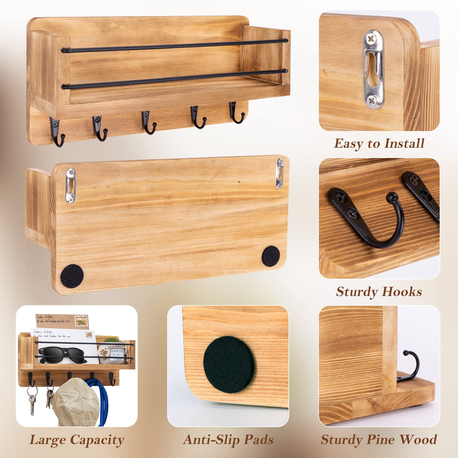 Mapromofit Key Holder for Wall and Mail Shelf, Solid Pine Wood Mail Sorter Organizer with 5 Key Hooks for Entryway, Storage, Living Room, Hallway, Kitchen