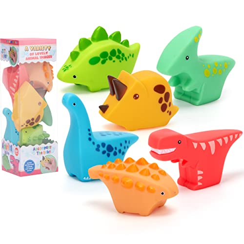 XDUOYJOY Dinosaur Baby Bath Toys Water Gun Squirt Set for Infants Toddlers Bathtub Beach Pool, Stacking Toy for Kids, 6 Pack