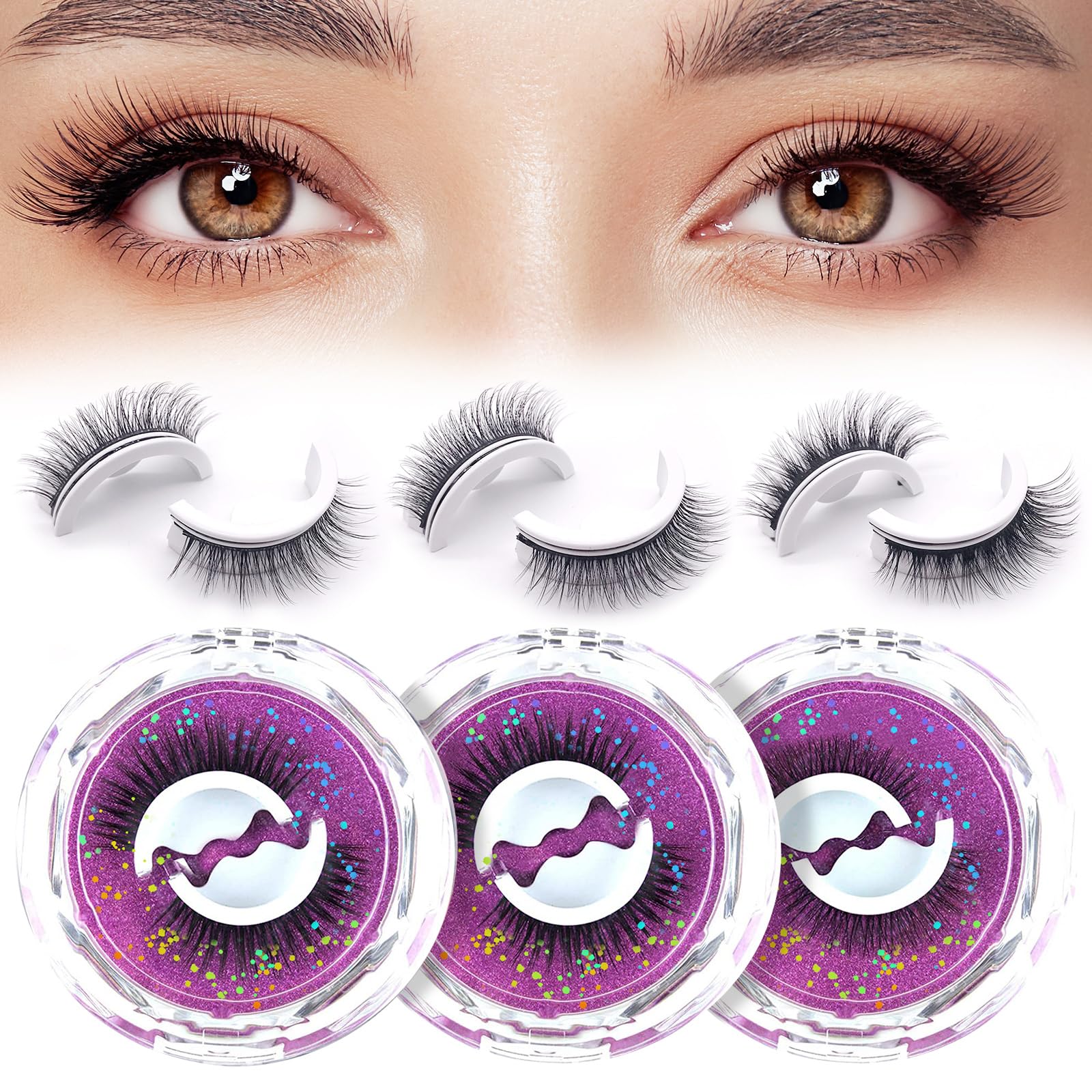 Parrots Treasure Self Adhesive Eyelashes, Reusable False Eyelashes without Eyeliner or Glue, Non-Slip Waterproof Fake Eyelashes Natural Look (Purple)