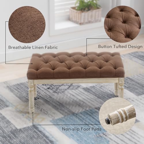 LOULENS French Vintage Bench, Linen Fabric Entryway Bench, Upholstered Tufted End of Bed Bench with Brushed Wood Legs, Dark Grey