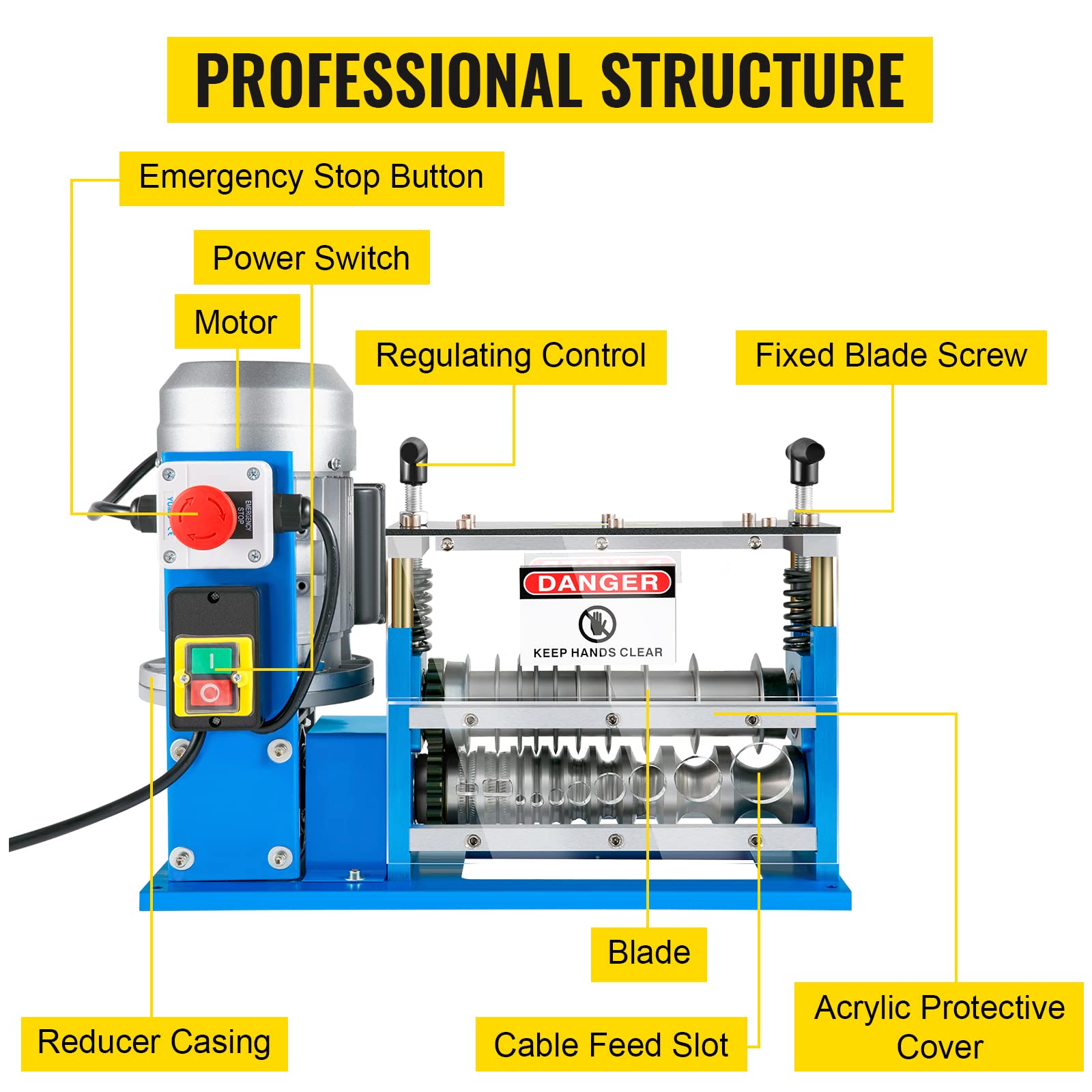 VEVOR Electric Wire Stripping Machine, 370W 0.06" - 1.5" Automatic Motorized Cable Stripper w/ 75 Feet/Minute Speed, 11 Channels 10 Blades Strip Machinery, Scrap Handling Tool for Recycling Copper