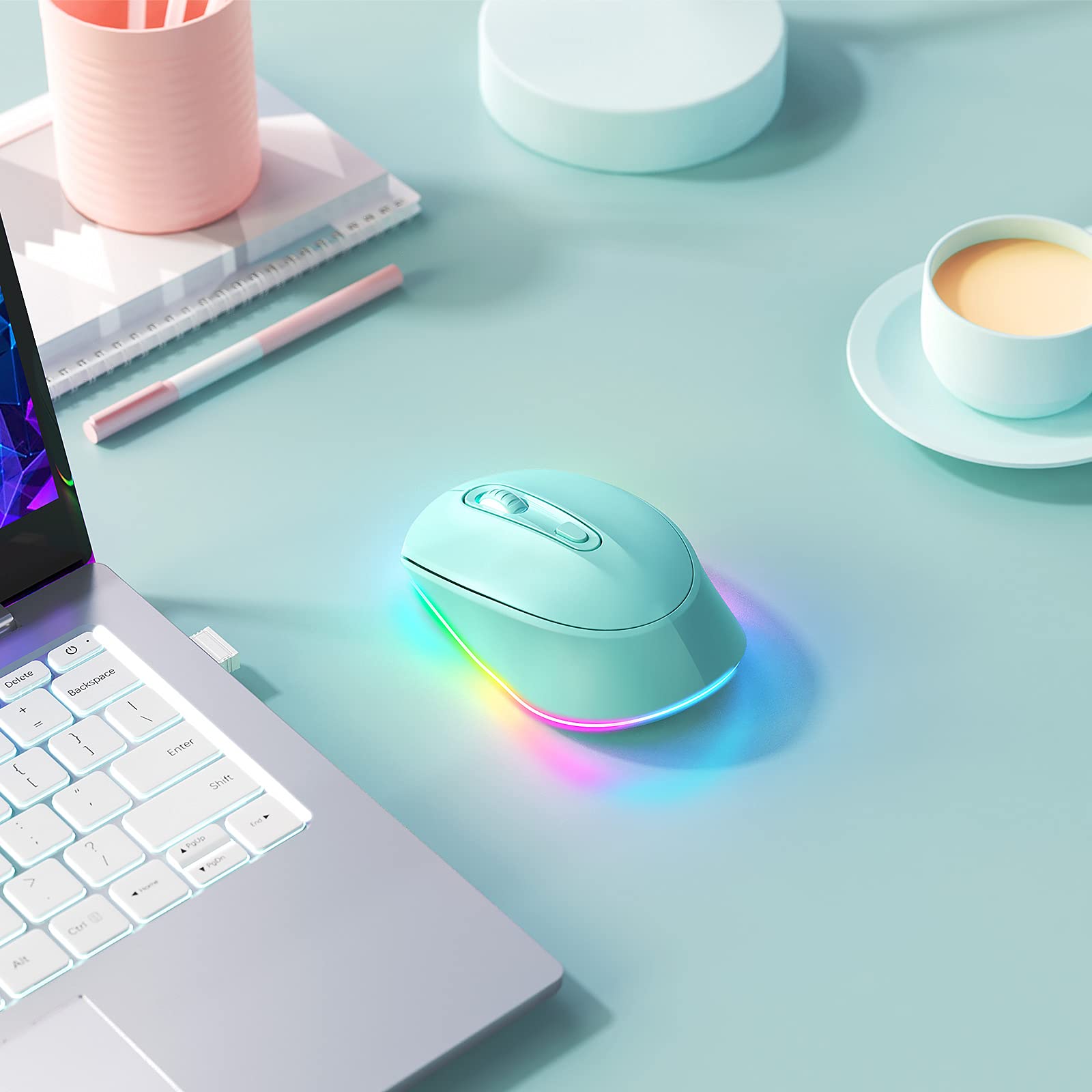 seenda Wireless Mouse, Rechargeable Light Up Mouse for Laptop, Small Cordless Mice with Quiet Click LED Rainbow Lights for PC Computer Kids Chromebook Windows Mac,Mint