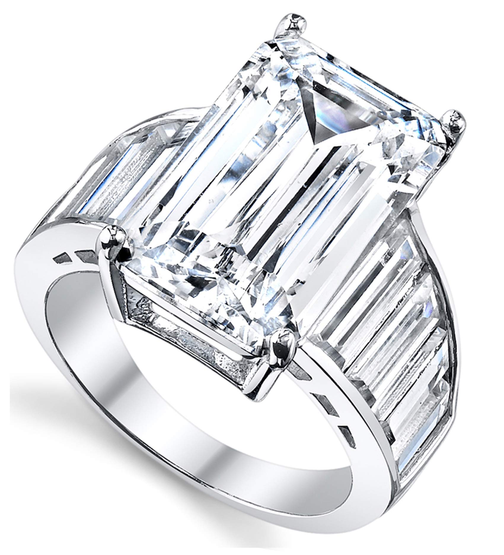 Metal Masters 9 Carats 925 Sterling Silver Angelina Jolie Engagement Wedding Ring with Emerald-cut 10 x 16 MM CZ