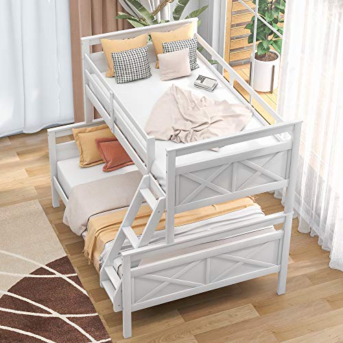 MOEO Twin over Full Wood Bunk Bed with Ladder, Convertible to 2 Separated Bedframe for Kids, Teens, Adults, Bedroom, No Box Spring Needed, White