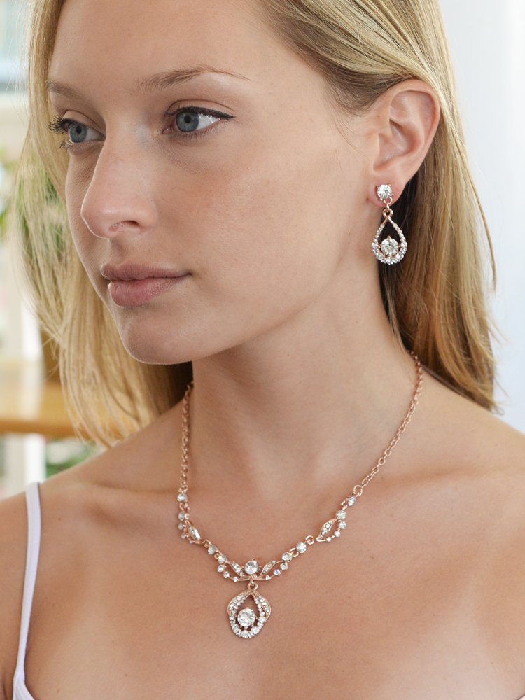 Mariell Rose Gold Vintage Crystal Necklace and Earrings Wedding Jewelry Set for Brides, Bridesmaids, Prom
