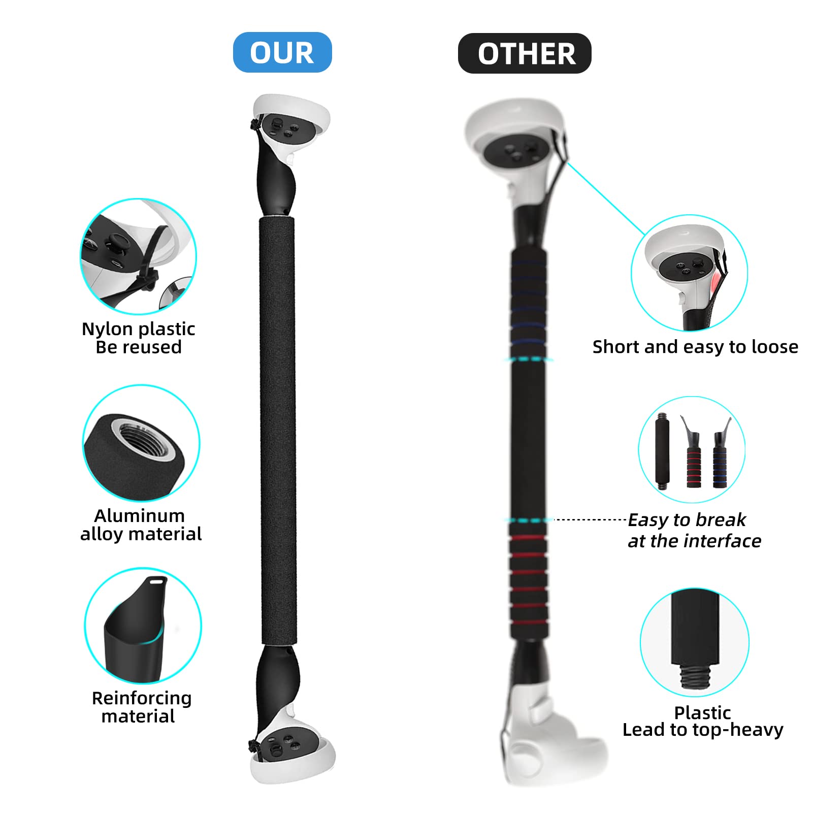 VRbrother VR Golf Club Handle Accessory, for Oculus Quest 2, Rift S, Sturdy and Comfortable to Grip, for Beat Saber, and tennis games(1 pair)