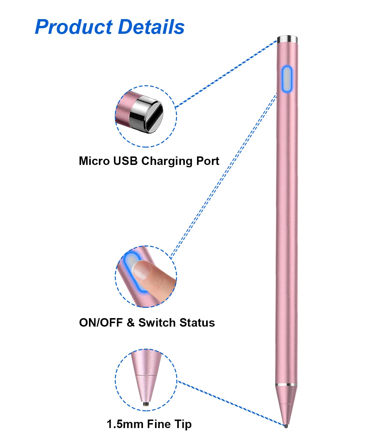 Stylus Pen for ipad, DOGAIN iPad Pencil for iOS & Android Touch Screens Digital Pencil Sylish Pen Rechargeable Compatible for iPad/Pro/Air/Mini/Cellphone and Other Tablets Drawing & Writing (Pink)