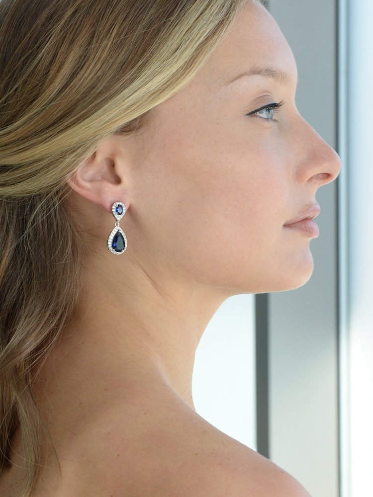 Mariell Sapphire Cubic Zirconia Teardrop Earrings for "Something Blue" Bridal or September Birthstone
