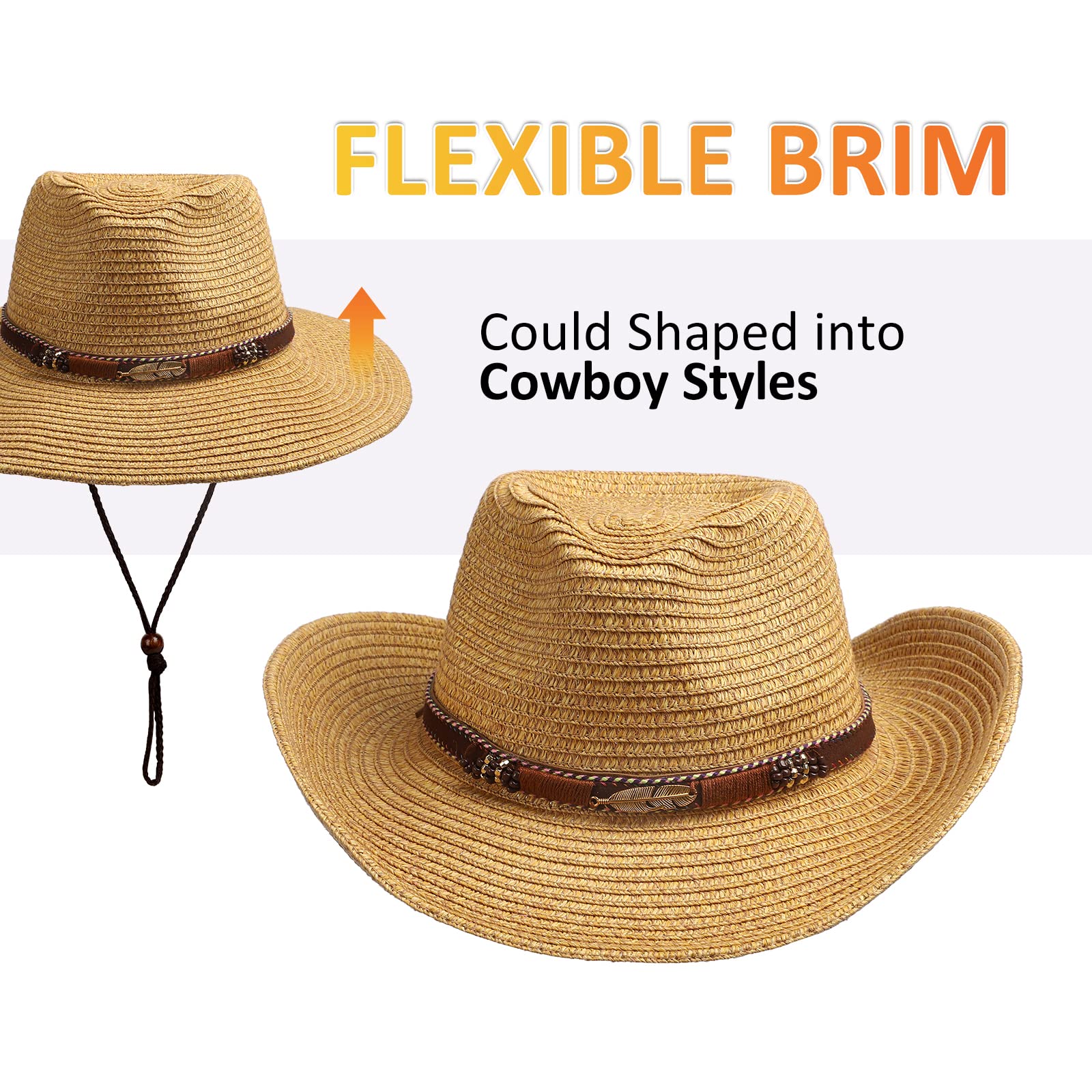 Women Straw Sun Hat Mens Cowboy Western Hat Garden UPF 50+ Shapeable Wide Brim Summer Hat Khaki