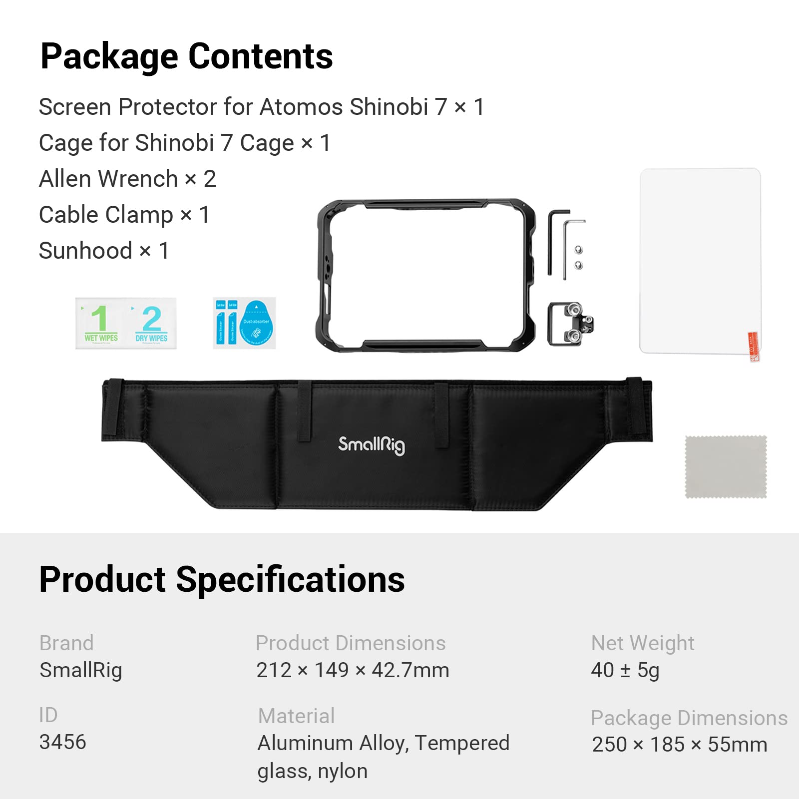 SmallRig Monitor Cage for Atomos Shinobi 7, Cage Kit with Cable Clamp, Built-in NATO Rail and Sun Hood (Not compatible for Shinobi 5)- 3456