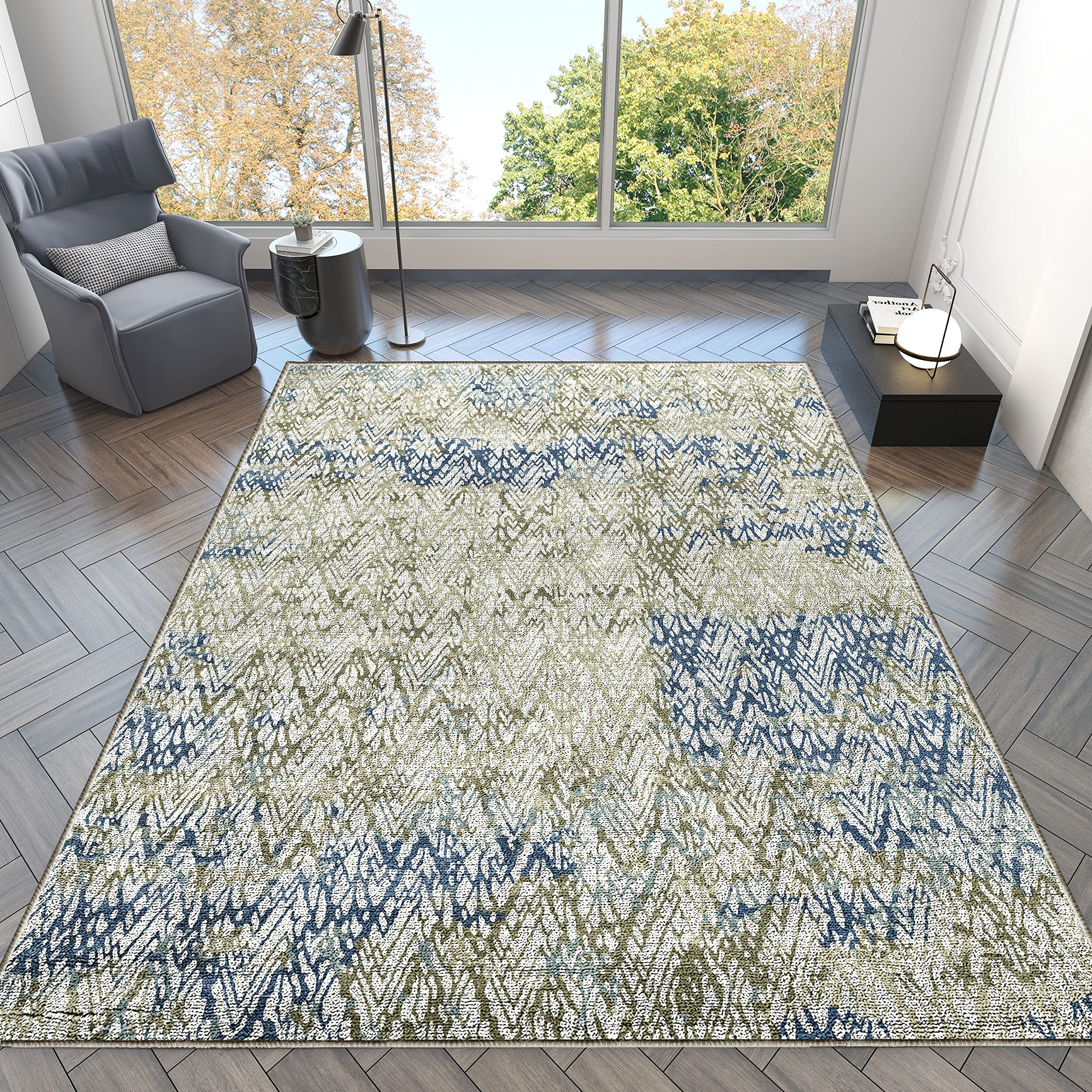 Modern Abstract Area Rug Beige Blue Geometric Distressed Comfort Bedside Rugs Stain Shedding Resistant Large Floor Carpet for Living Room Dining Bedroom,Machine Washable,8x10 Feet,Rectangle