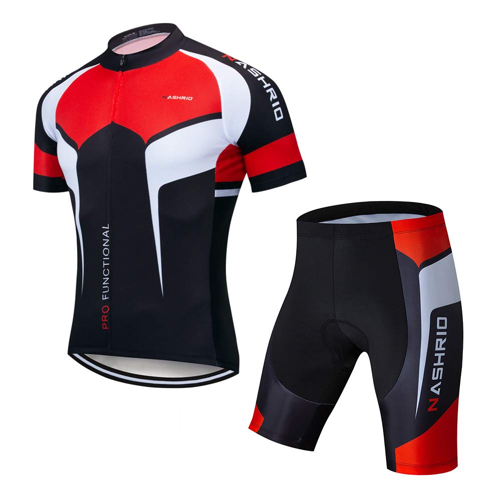 NASHRIO Men's Cycling Jersey Set Bicycle Short Sleeve Set Quick-Dry Breathable Shirt+3D Cushion Shorts Padded Pants/Bib Short Black