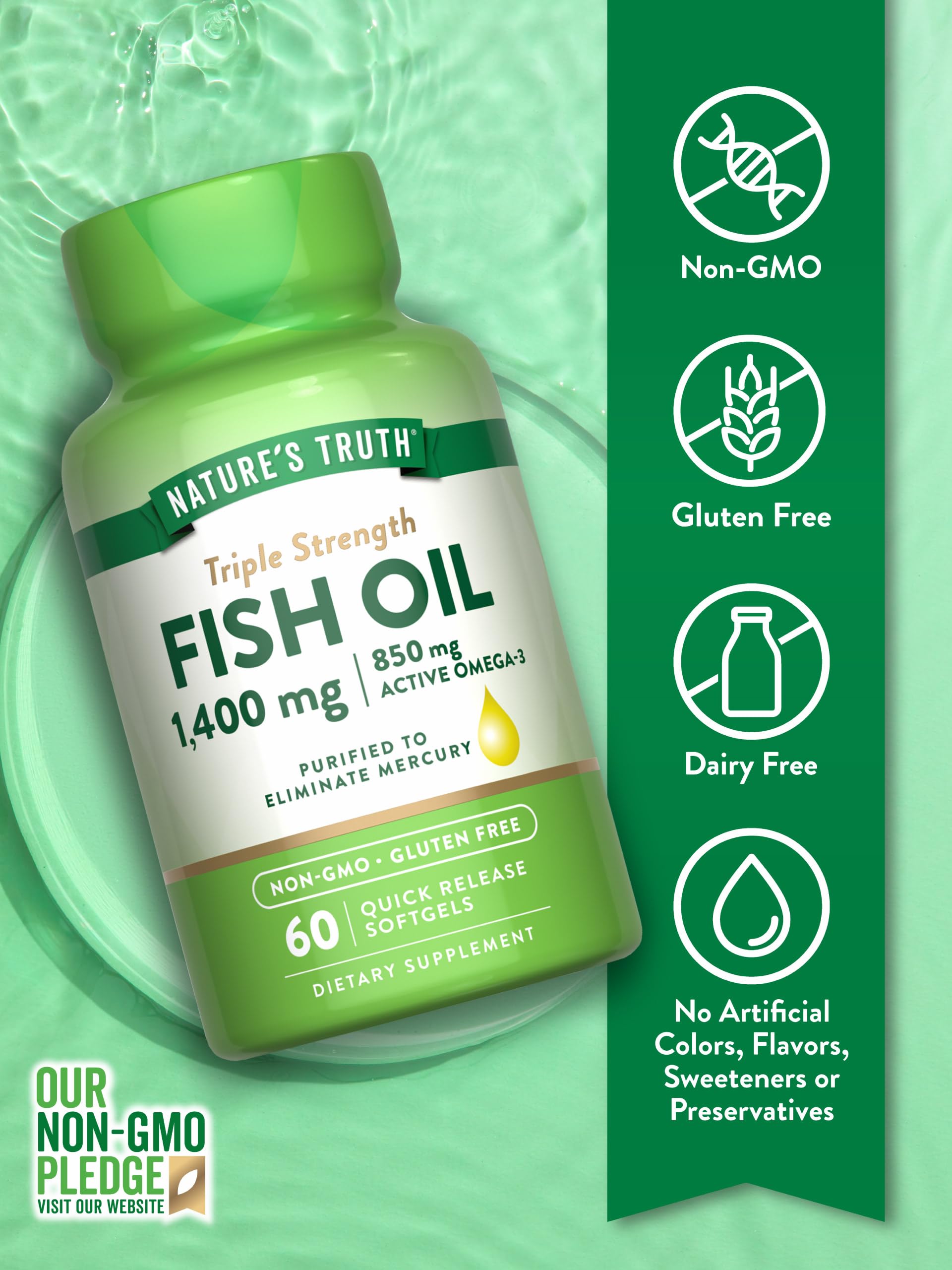Nature's Truth Triple Strength Fish Oil Softgels | 1400 mg | 60 Count | Active Omega 3 | Non-GMO & Gluten Free Supplement