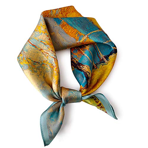 PoeticEHome 100% Real Mulberry Silk Women Small Square Neck Scarfs 21" Lightweight Neckerchief Printed Headscarf Gift Packed (U1 - Painting)