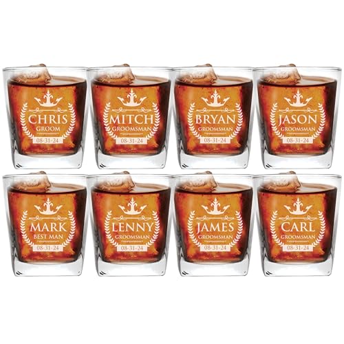 Set of 1, 3, 7 and More Custom Personalized Whiskey Rocks Glasses for Bachelor Party - Engraved Square Rocks Glass Gifts for Groom, Groomsman - Royal Style (8)
