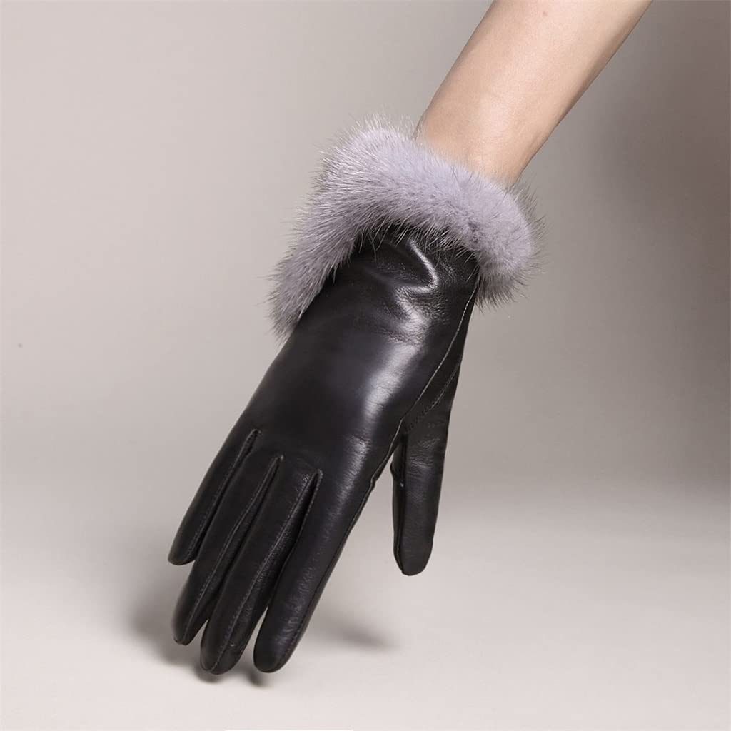 TJLSS Women's Gloves Genuine Leather Winter Warm Fluff Woman Soft Mittens (Color : Black, Size : XL Code)