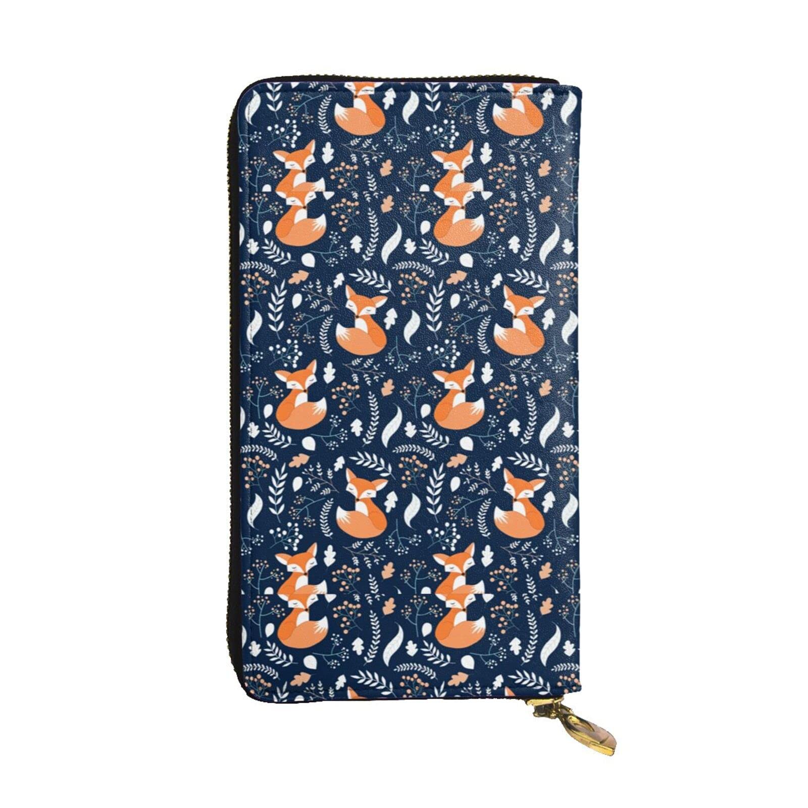 Women Zip Around Long Purse Fox Sleepy Foxes Navy Printed Credit Card Holder Wallet