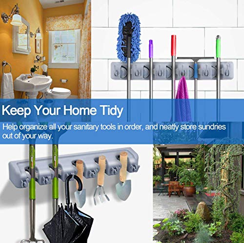 WEN WEN HOME Broom Holder and Garden Tool Organizer for Rake or Mop Handles, 5 Position with 6 Hooks, Up to 7-12 pounds and 1.25-Inches(Grey)