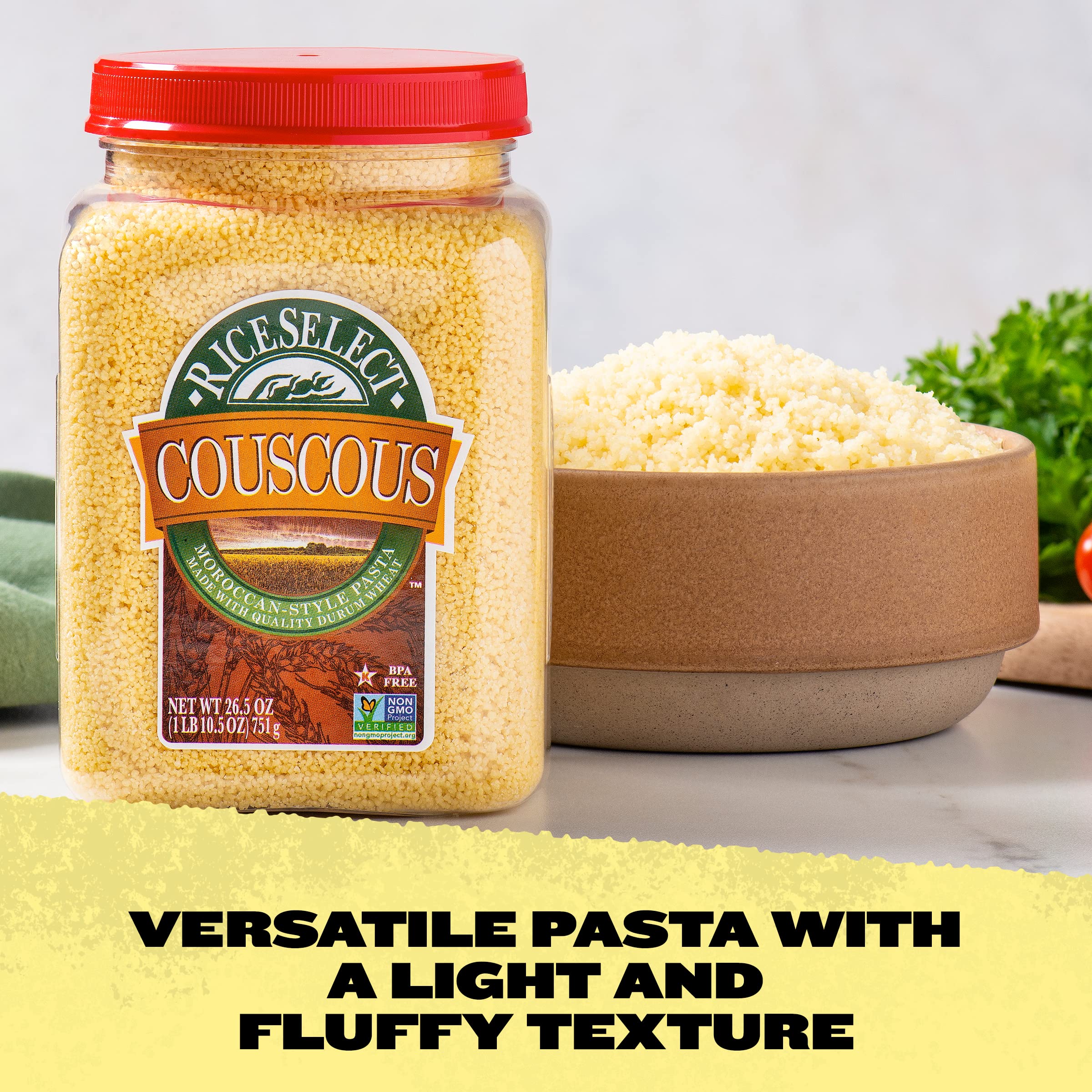 RiceSelect Couscous, Moroccan-Style Wheat Couscous Pasta, Non-GMO, 26.5-Ounce Jar, (Pack of 1)