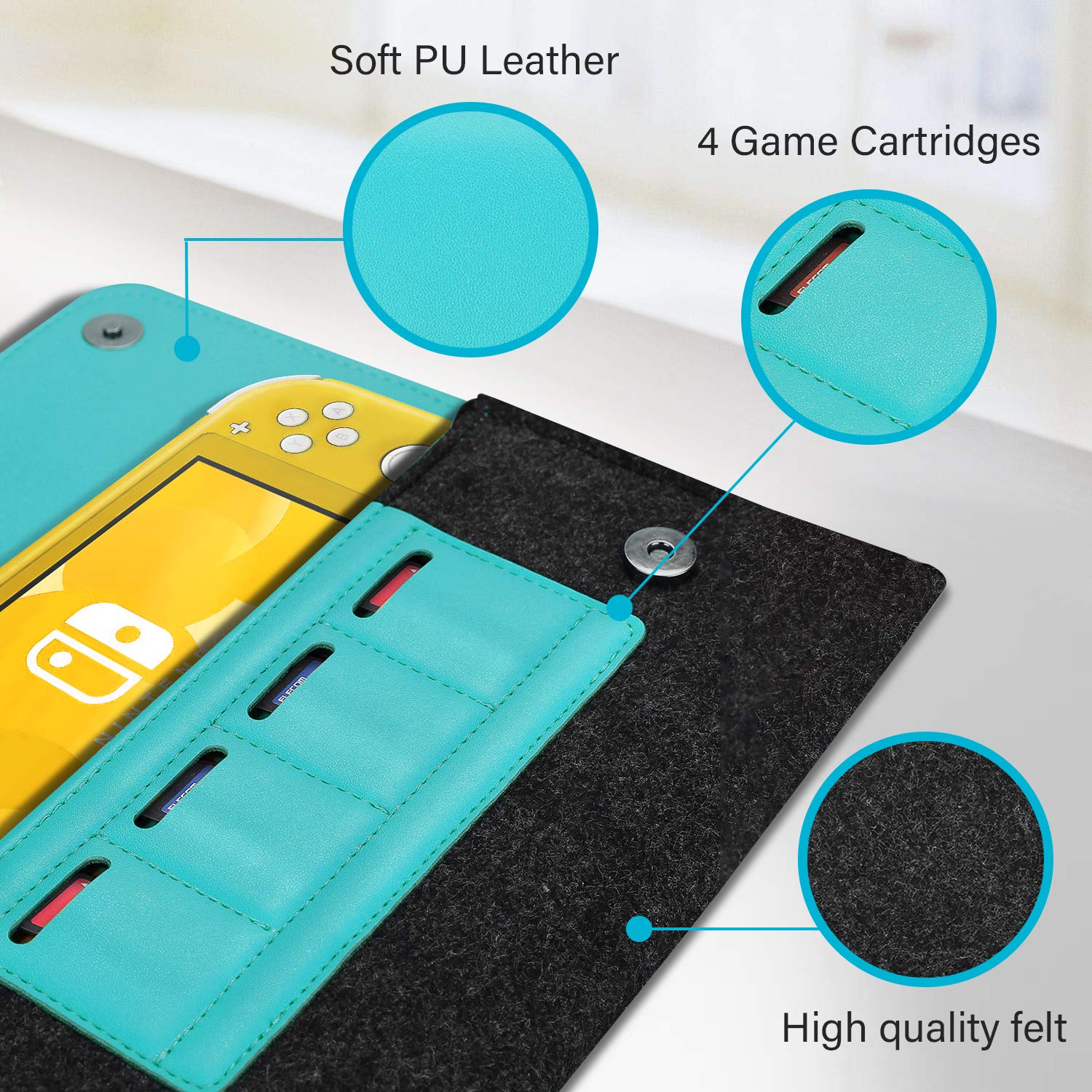 Polaland Switch Lite Felt Case, Portable Carrying Leather Bag Slim Protective Travel Pouch for Nintendo Switch Lite 2019 with 4 Game Cartridges Holders and Magnetic Clasp –Turquoise