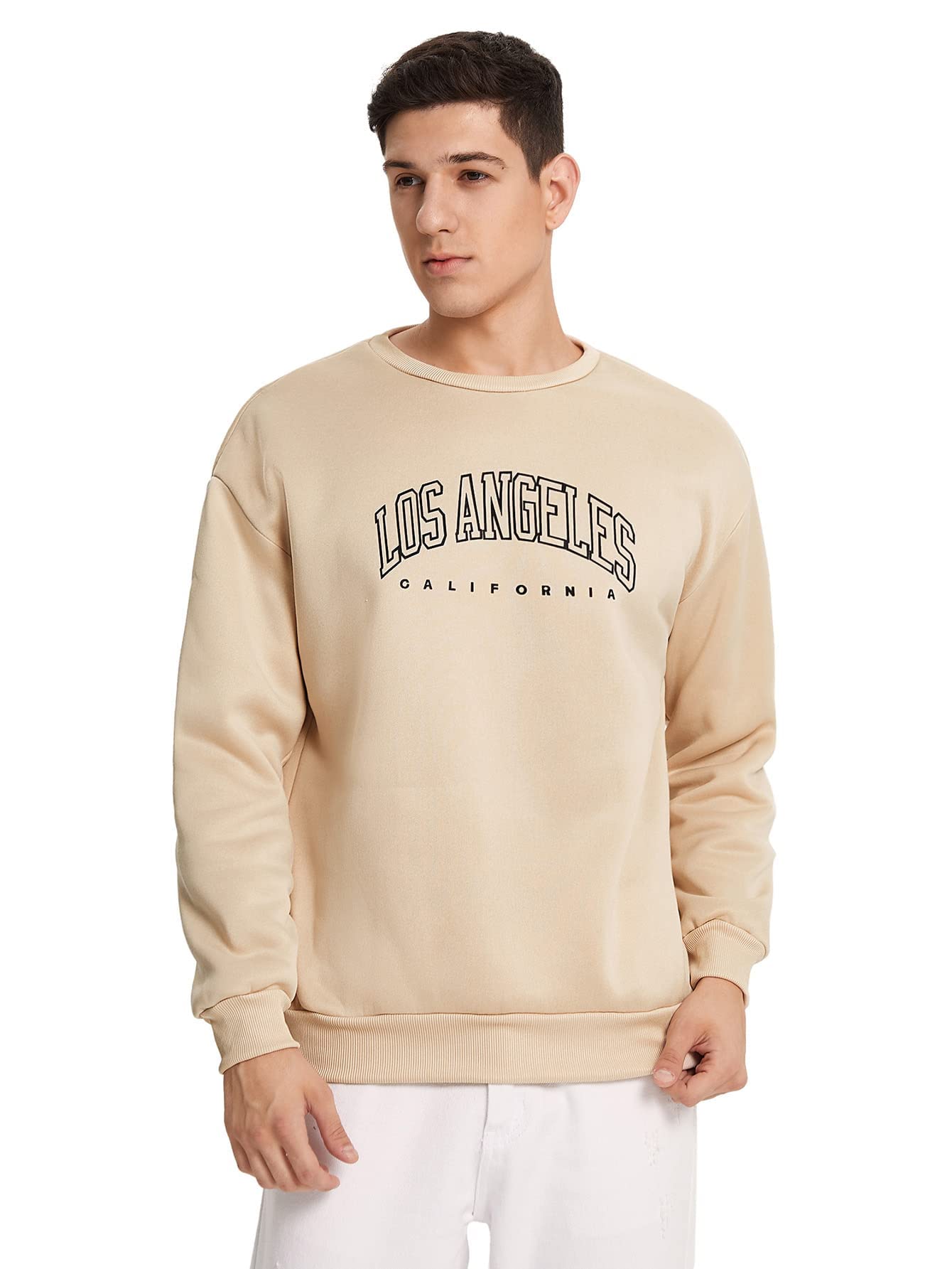 SheIn Men's Casual Letter Print Long Sleeve Crewneck Drop Shoulder Sweatshirt Tops Khaki M