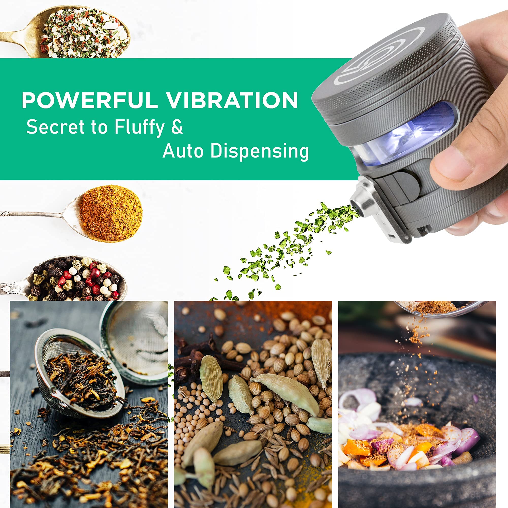 Tectonic9 Herb Grinder Automatic Electric Herbal Spice Dispenser Large 2.5" Aluminum Alloy (Grey), for HOME & KITCHEN ONLY