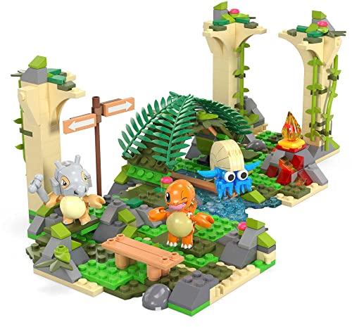 MEGA Pokemon Action Figure Building Toy, Jungle Ruins with 464 Pieces, Motion and 3 Characters, Cubone Charmander Omanyte, Gift Idea for Kids