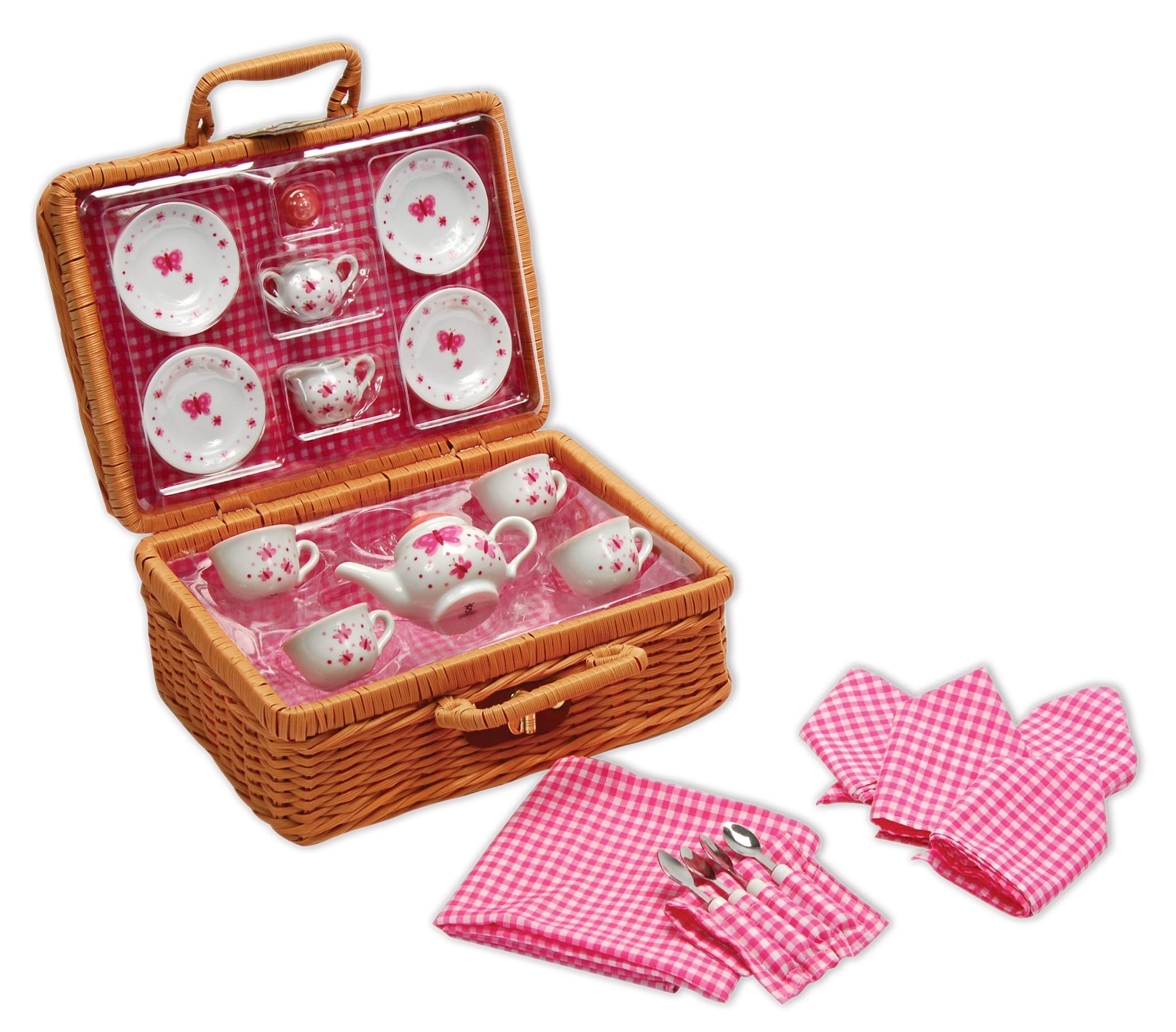 Schylling Brand Classic Porcelain Butterfly Tea Basket Set - 24 Piece Miniature Tea Set - 1.25" Tall Tea Cups - Includes Latching Picnic Basket - Ages 8-10