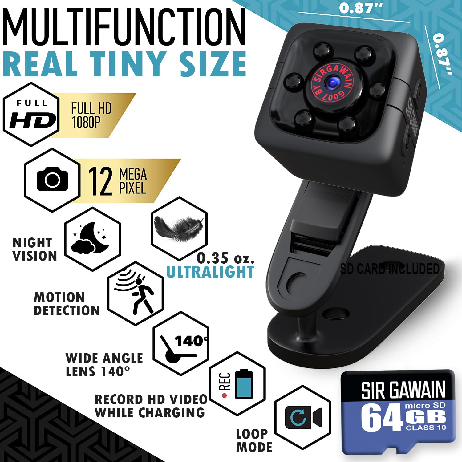 SIRGAWAIN Upgraded Mini Camera 1080P with 64GB SD Card - Camera Full HD - Portable Small Cam - Night Vision and Motion Detection - Indoor Camera for Home & Office - Cam