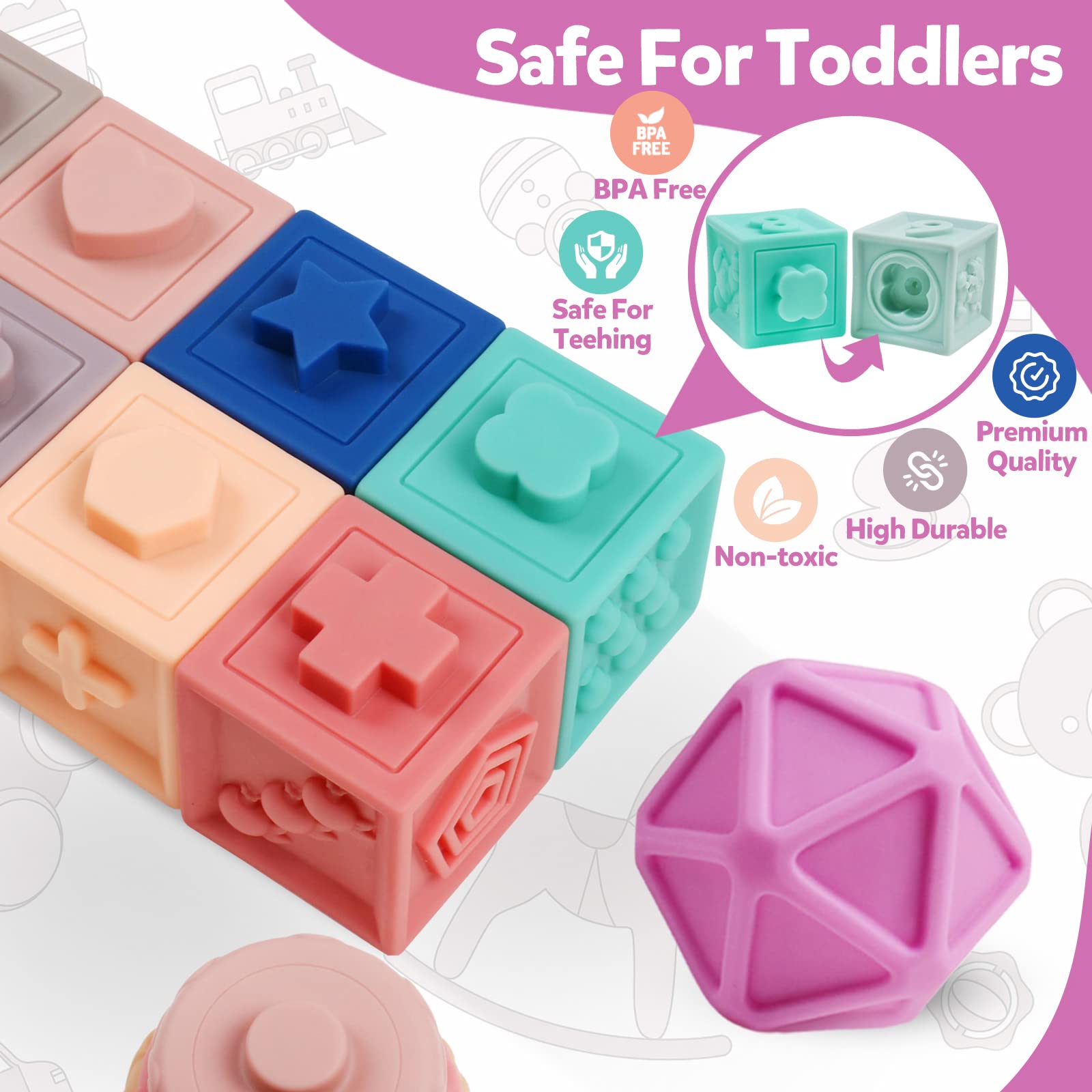 TSYAN Baby Blocks Soft Building Blocks Montessori Toys for Infant 0-6 6-12 Months Baby Sorting and Stacking Sensory Teething Toys Educational Learning Stacking Tower for Newborns Toddlers Babies