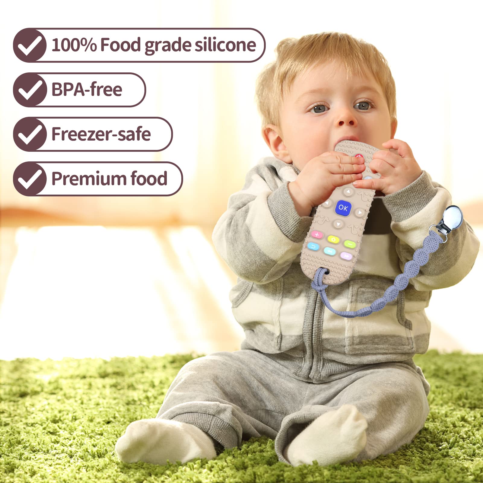 Viyuse Remote teether for Baby, Soft Chew Toys with TV Remote Control Shape, Early Educational Sensory Toy for Babies Teething Relief and Soothe Sore Gum Infant Teether for 3-12 Months