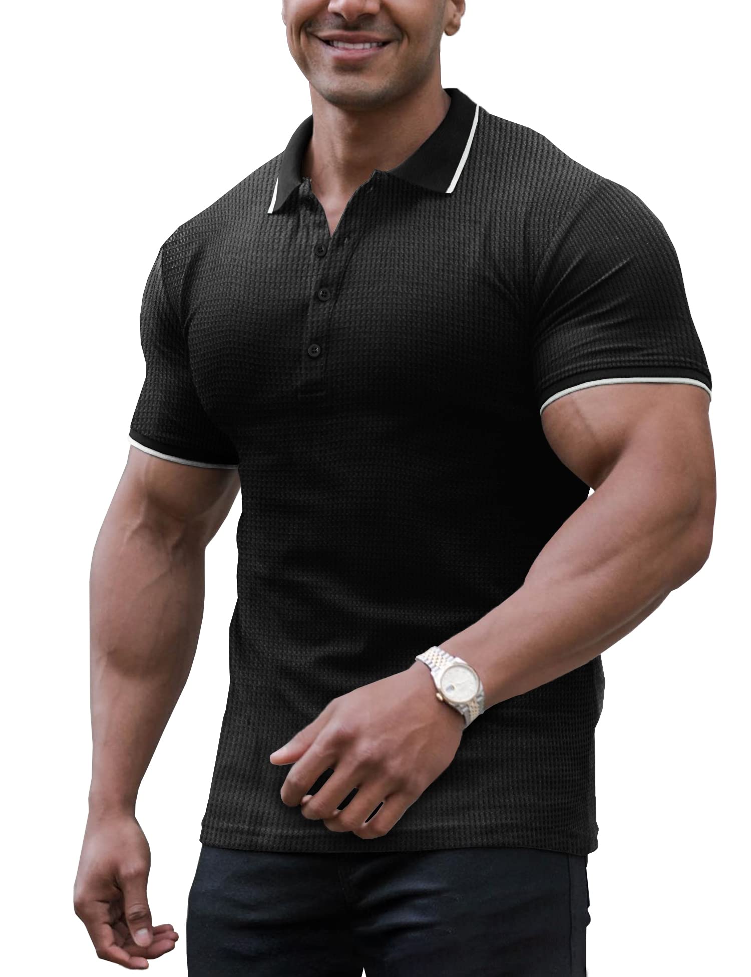 URRU Men's Muscle T Shirts Waffle Stretch Short Sleeve Polo Shirt Casual Slim Fit Workout Tee Shirts Black M